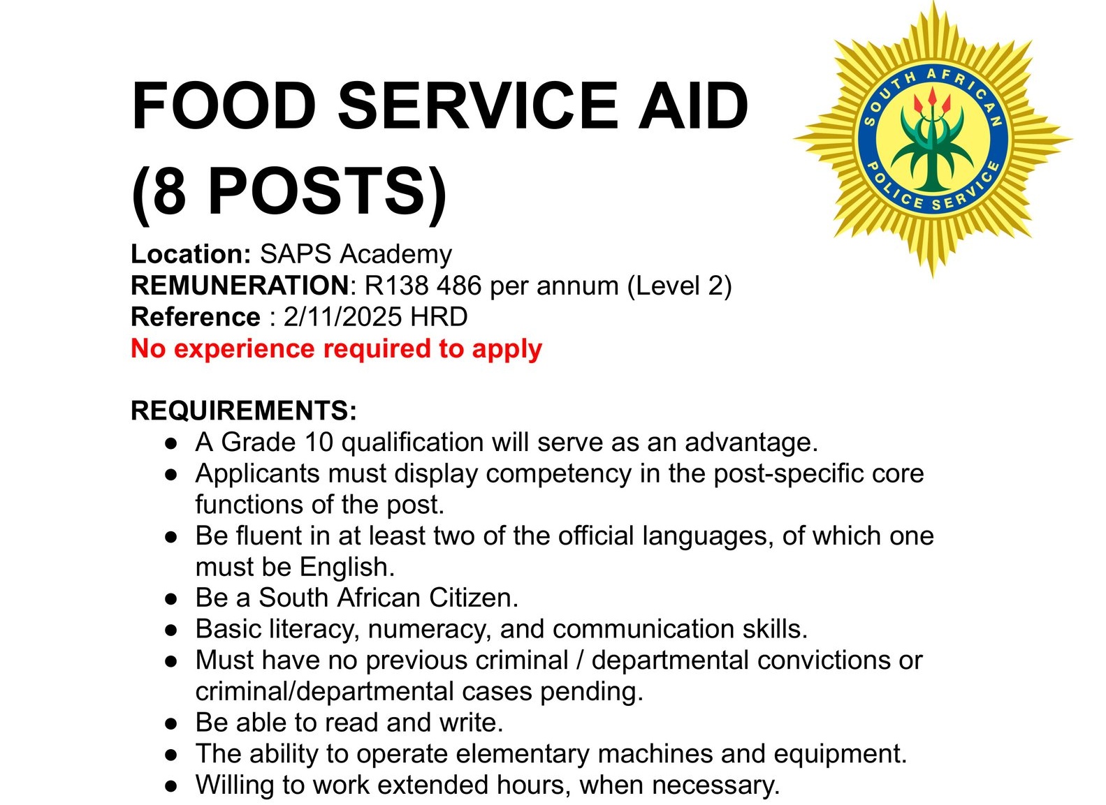 SAPS - Food Service Aid 2025 Intake - Mzansi Youth Jobs